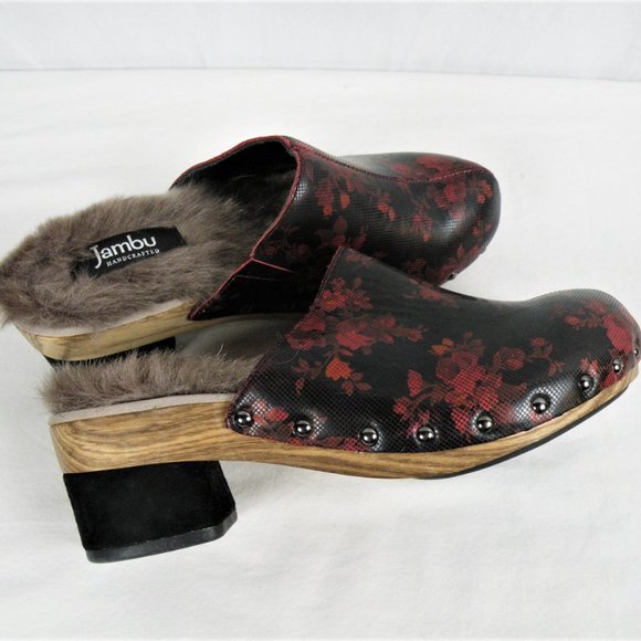 Jambu | Shoes | Nwob Jambu Monaco Red Floral Faux Fur Lined Wood Clogs ...